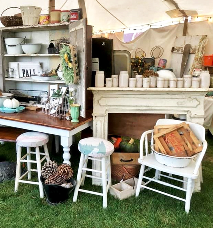 Farmhouse chic comes alive in this rustic display where vintage finds create a cozy vignette worth recreating at home.