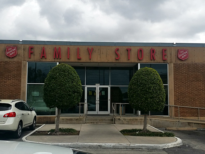 Neatly trimmed bushes frame the entrance to this charitable institution where shopping and giving back happen simultaneously.