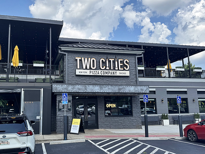 Modern architecture meets timeless pizza traditions at Two Cities, where your only difficult choice is between thin and thick.
