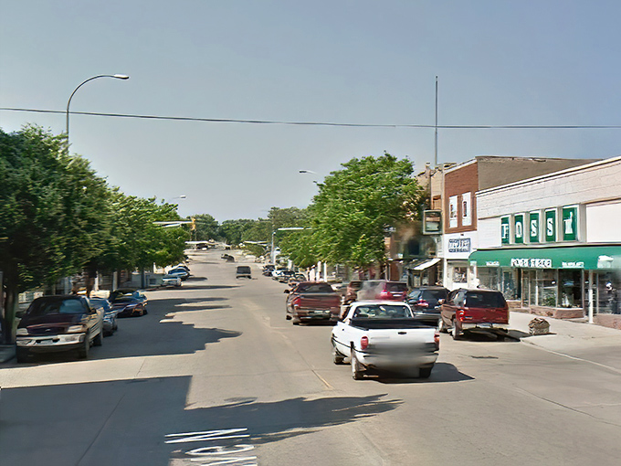 An aerial view of Valley City shows a compact downtown surrounded by endless prairie and greenery.