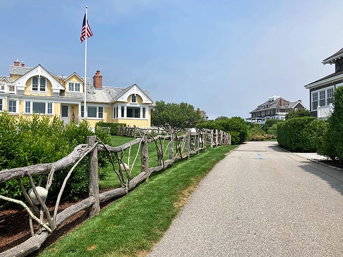 Historic homes with ocean views line Watch Hill's streets. Summer cottages for the Gilded Age elite now stand as monuments to coastal elegance.