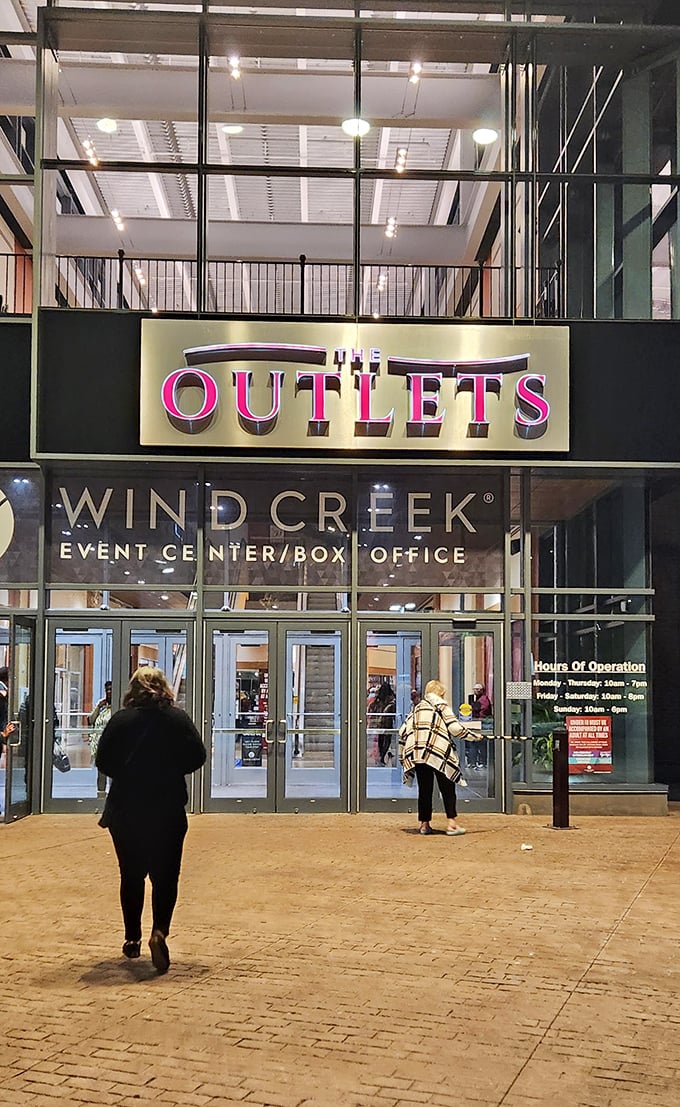 Inside Wind Creek Outlets, high ceilings and excellent lighting create a shopping atmosphere that feels more Fifth Avenue than outlet mall.