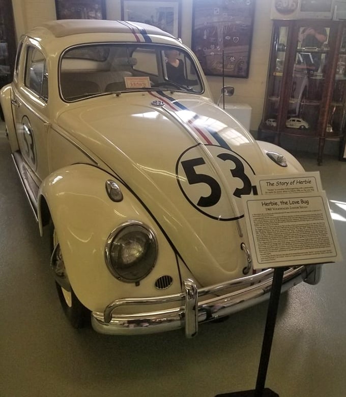 Herbie's doppelg&auml;nger! This cream-colored Volkswagen Beetle with racing stripes brings Disney magic to the museum floor, practically begging you to say "Okie dokie!"