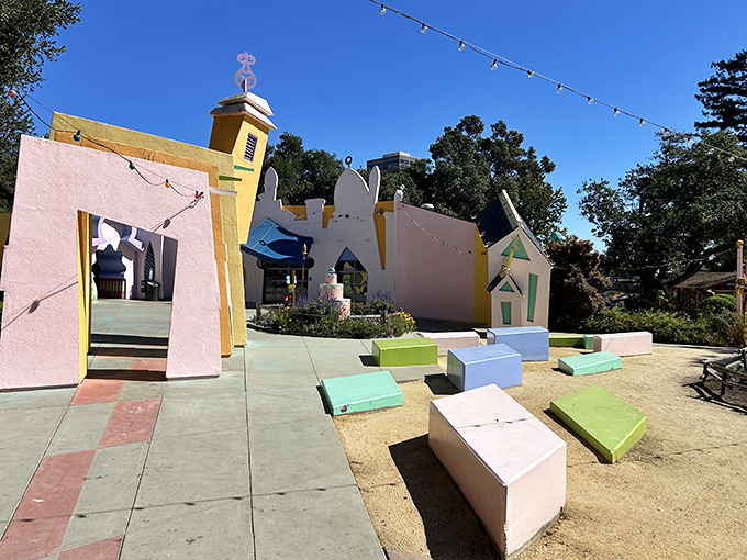 The pastel-colored buildings create a miniature village that makes adults wish they could downsize to fairytale proportions.