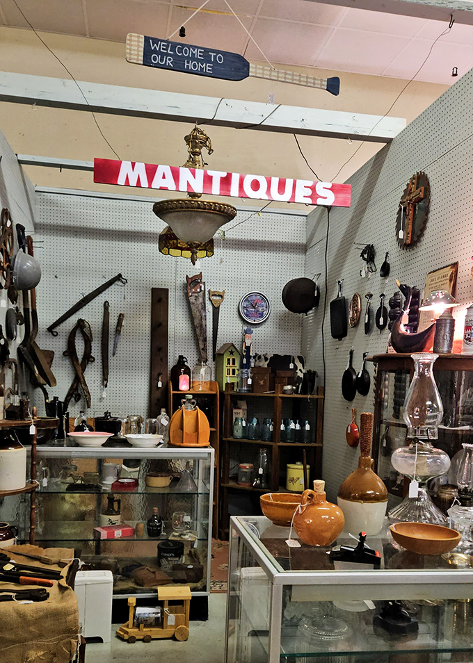 The "Mantiques" section – where tools that built America hang alongside treasures that would make Ron Swanson weep with masculine approval.