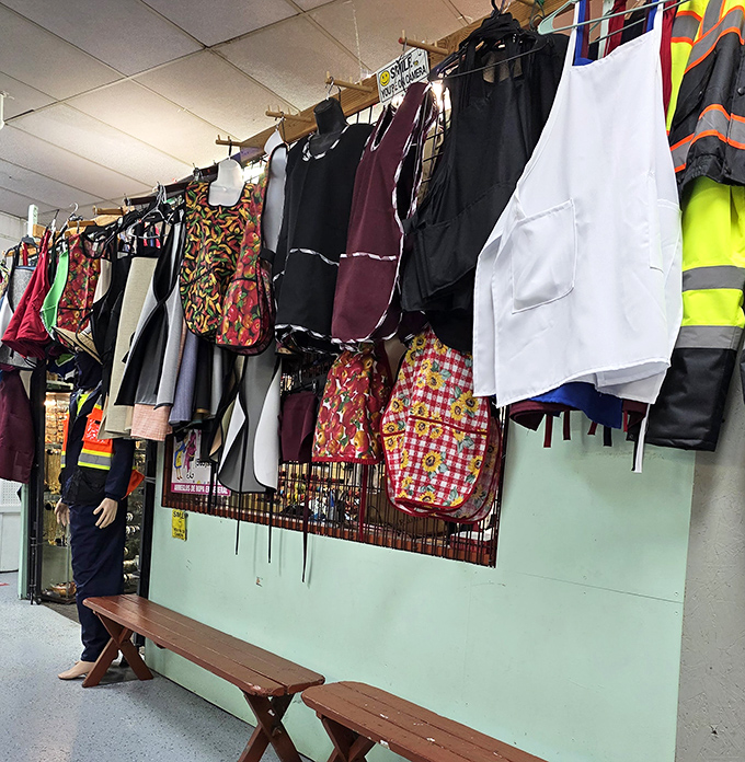 A rainbow of aprons and work clothes that would make Julia Child and Bob the Builder equally excited about their wardrobe options. 