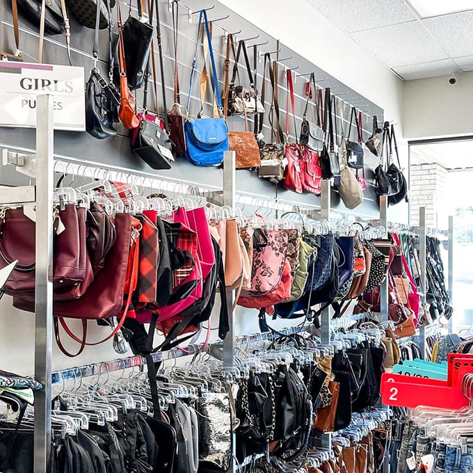 Handbag heaven! This wall of purses and crossbodies offers enough options to match every outfit in your closet&mdash;and then some.