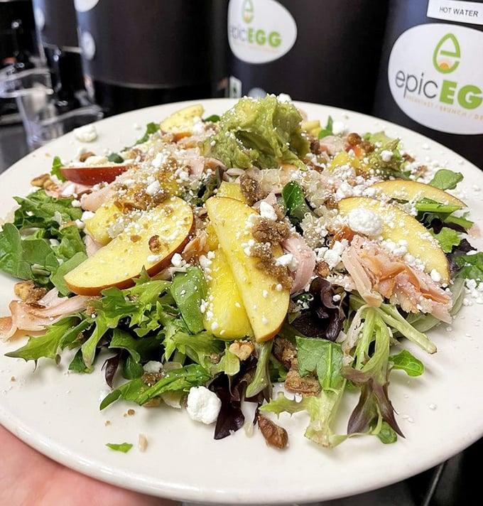 A salad that doesn't feel like punishment&mdash;fresh greens, apples, and what appears to be smoked salmon create a breakfast symphony for grown-ups.