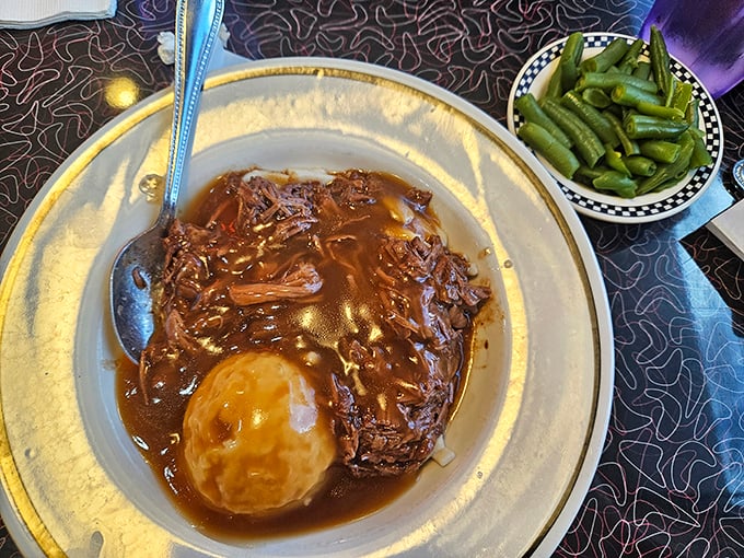 Pot roast swimming in rich gravy alongside a perfect potato&mdash;the kind of plate that makes you wonder why you ever bothered with fancy restaurants. Those green beans aren't an afterthought.