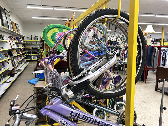 Bicycles and sporting goods section &ndash; where someone's abandoned hobby becomes your new weekend passion. That purple bike is calling your name!