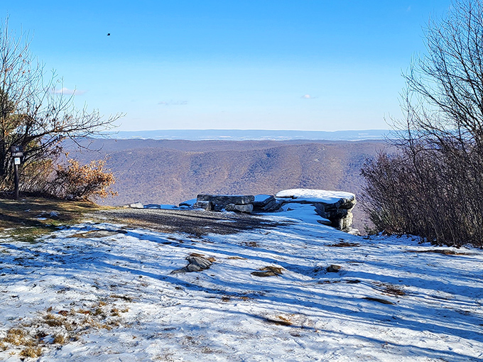 Winter transforms the overlook into a completely different world, all ice-dusted rocks and crystalline air.