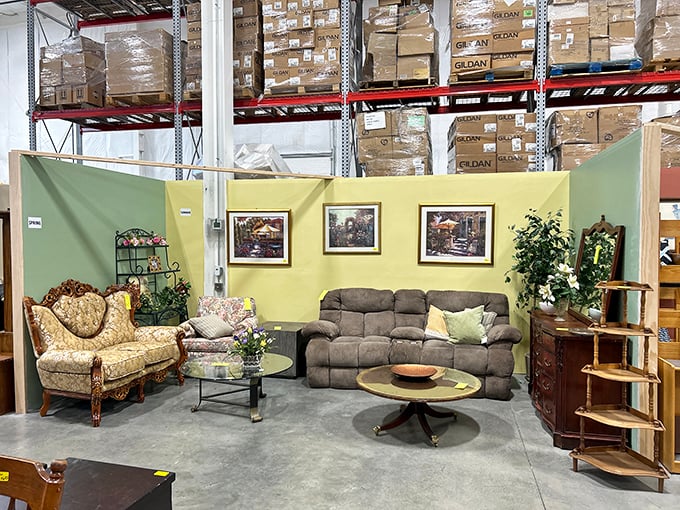 This staged living room vignette helps shoppers envision possibilities&mdash;mixing vintage charm with contemporary comfort in perfect harmony.