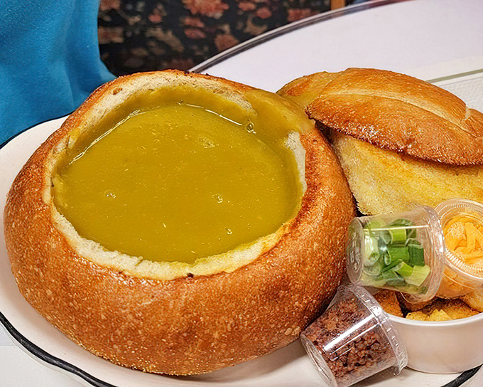 Their signature pea soup served in a sourdough bread bowl&mdash;carb-loading never looked so gloriously green and inviting.
