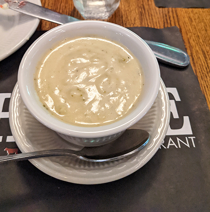 A velvety broccoli cheddar soup that doesn't hide behind excessive cream &ndash; the kind that makes you consider ordering a second bowl for dessert.