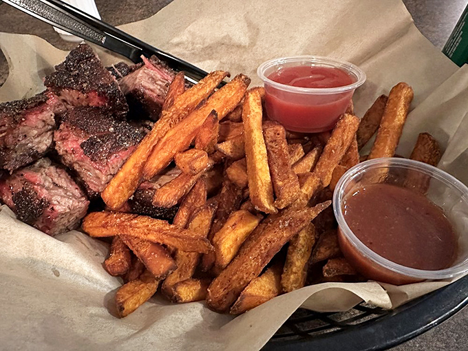 Burnt ends with sweet potato fries&mdash;proof that sometimes the best things in life come from patience and fire.