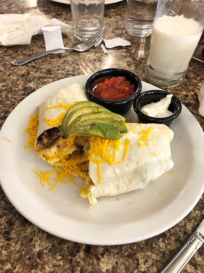 This breakfast burrito, topped with perfect avocado slices, proves that good things really do come wrapped in tortillas.