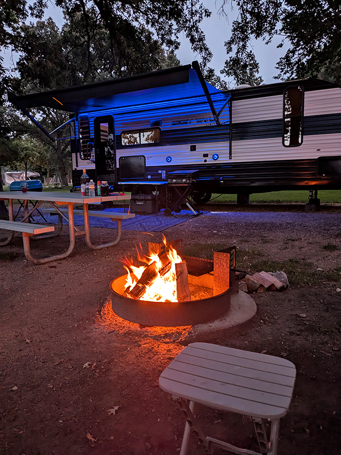 Glamping goals achieved! This RV setup with ambient lighting proves you can bring some creature comforts while still "roughing it."