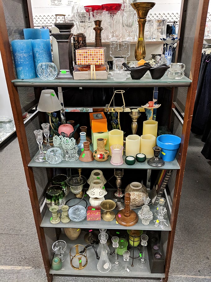 Candlesticks, vases, and decorative treasures create a miniature cityscape of possibilities for home decorators on a budget.