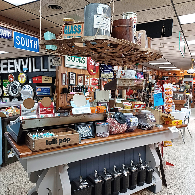 The old-fashioned candy counter proves some pleasures never go digital. No app will ever replace the joy of a paper bag of penny candy.