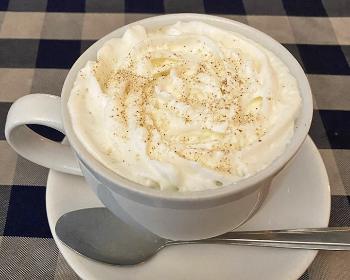 A proper cappuccino crowned with whipped cream and a dusting of spice, because sometimes coffee needs to feel special too.