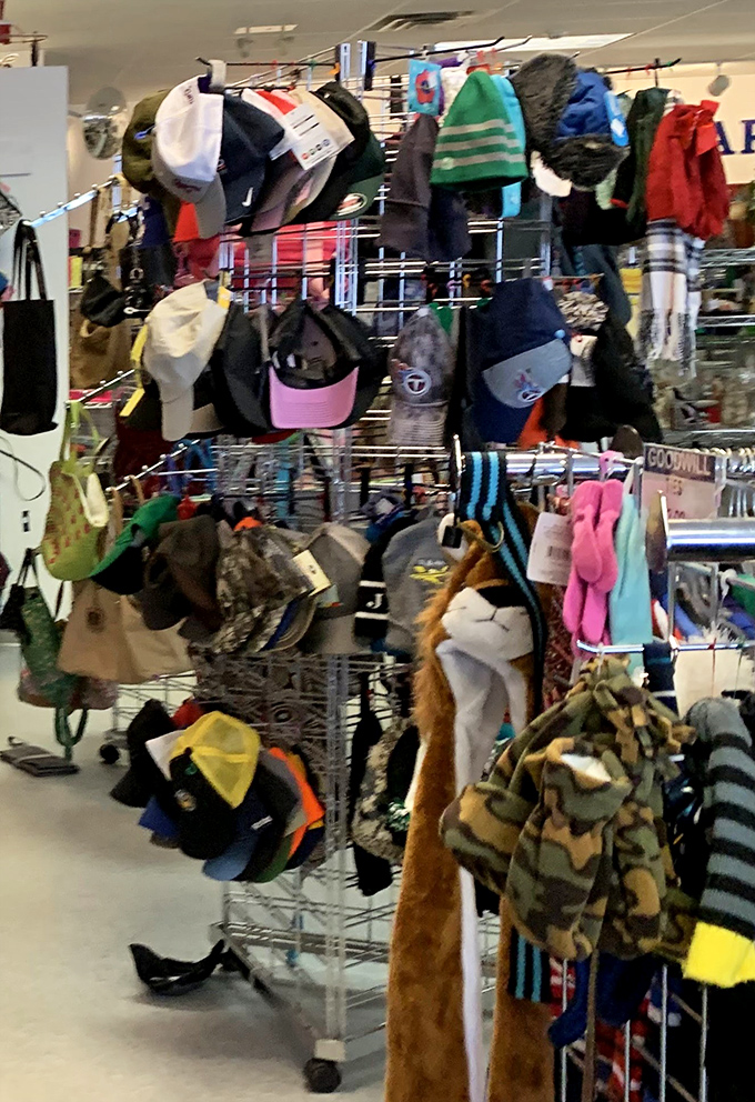 Caps and accessories dangling like possibilities, each one representing someone's team loyalty or fashion statement seeking new allegiance. 