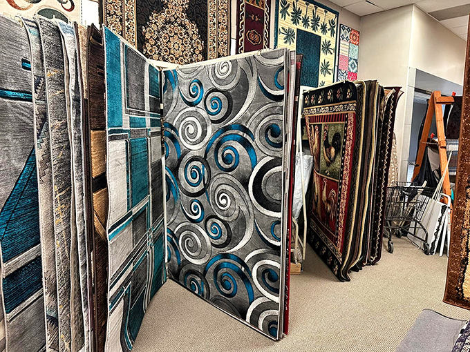Carpet shopping becomes an artistic experience with these bold designs. That blue swirl pattern would make even the most minimalist decorator reconsider.
