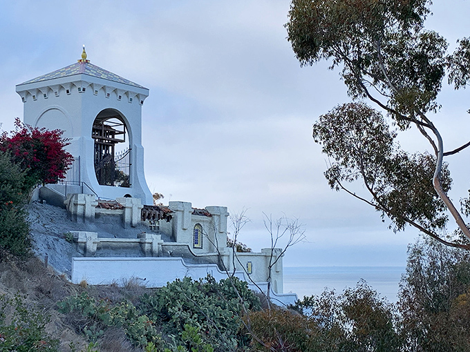 The Catalina Chimes Tower perches like a Mediterranean dream against the twilight sky, its bell ready to sing across the harbor.