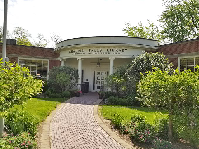 The Chagrin Falls Library proves that even book repositories can have architectural personality, with its curved entrance welcoming literary adventurers.