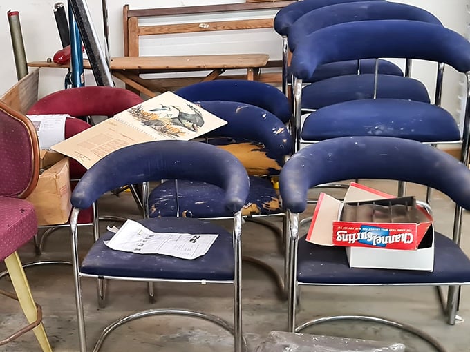 Mid-century chairs waiting for their second act. Someone once thought these blue beauties were the height of modern design&mdash;and someone will again.