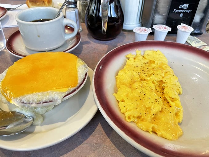 Scrambled eggs and grits that would make any Southerner nod in approval. Comfort food that speaks a universal language.