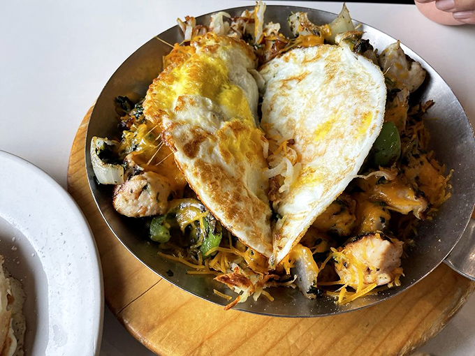 Protein paradise meets breakfast brilliance in this skillet. Those eggs are sunrises on a mountain of deliciousness.