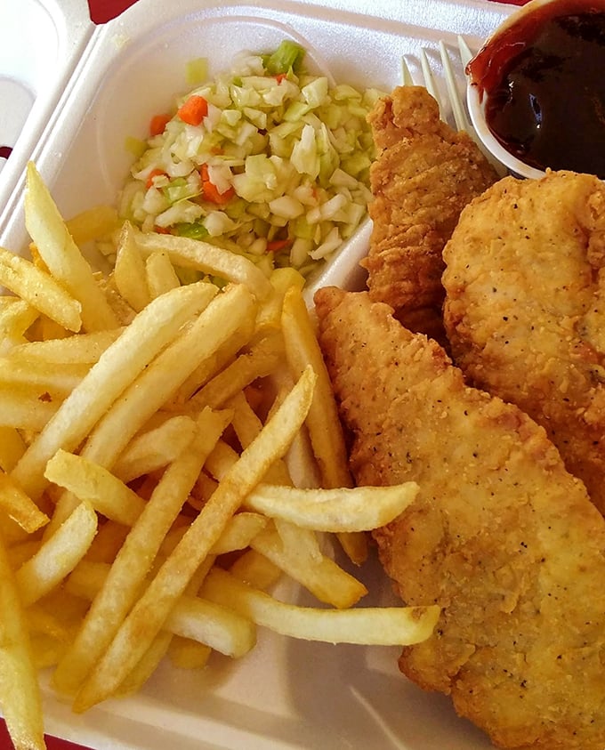 Chicken tenders that make you question why you ever bothered with nuggets. Simple perfection served with fries and that essential roll.