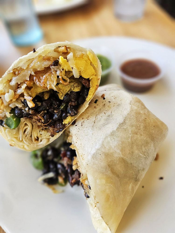 The breakfast burrito&mdash;where morning ingredients gather for a meeting wrapped in a warm tortilla blanket, proving meetings can actually be enjoyable.