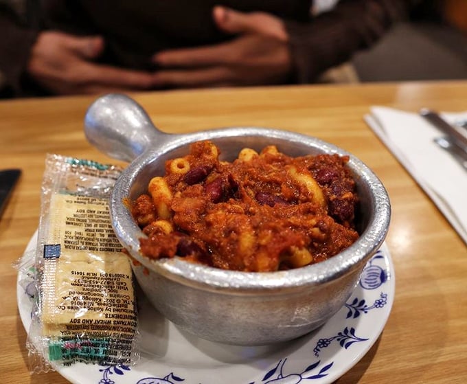 A hearty bowl of homestyle chili served in traditional blue and white dishware. Comfort food gets the Scandinavian presentation treatment.