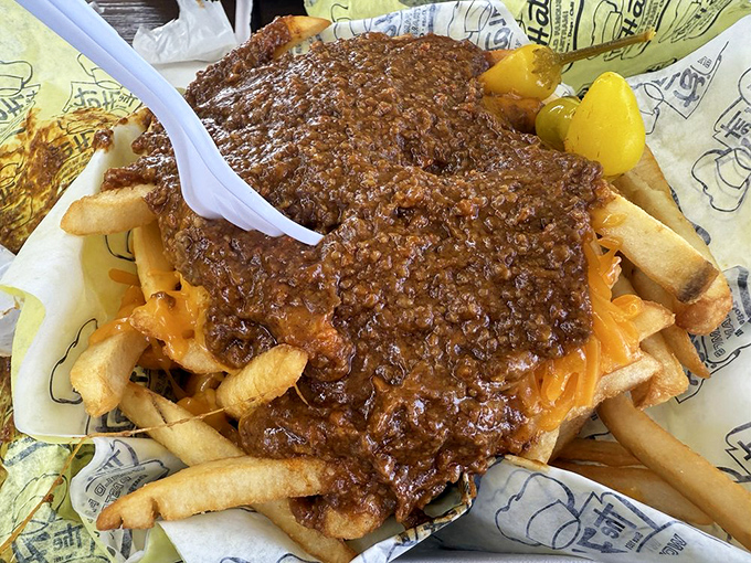 Chili and cheese transform ordinary fries into something that belongs in the comfort food hall of fame.