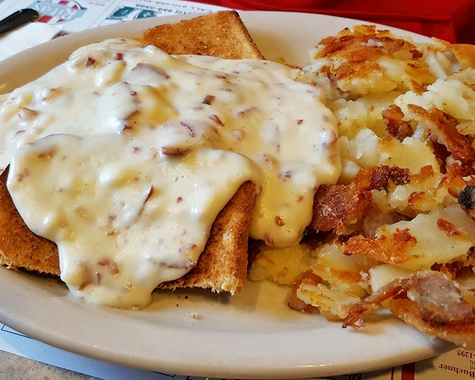 Creamed chipped beef on toast—what military veterans called by a colorful name—transformed into comfort food royalty. The homefries provide moral support.