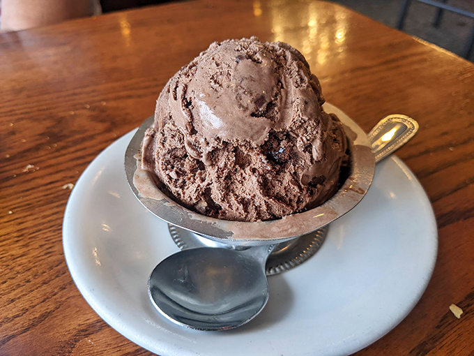 A scoop of chocolate ice cream sitting in quiet dignity, like the elder statesman of desserts, waiting to solve all your problems one spoonful at a time.