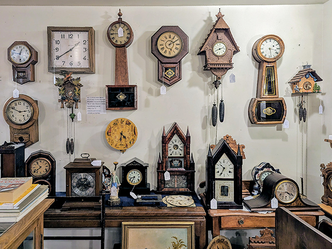 A wall of timekeepers, each with its own voice and history. Imagine the collective ticking if they were all wound at once!