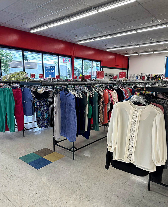 Racks of clothing organized by color make finding your perfect piece easier than parallel parking downtown.