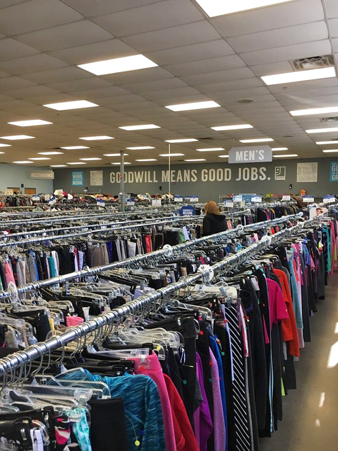Endless aisles of clothing organized by type because apparently even thrift stores can have their act together.