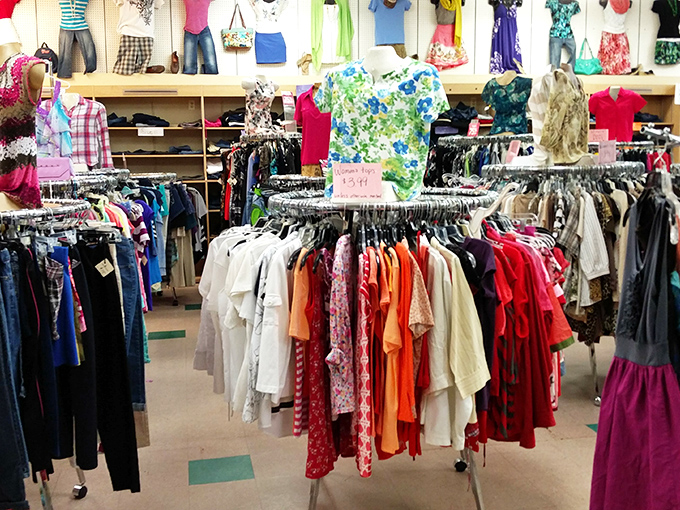 Color-coordinated clothing displays make browsing almost meditative, transforming chaotic thrift shopping into an organized treasure hunt.
