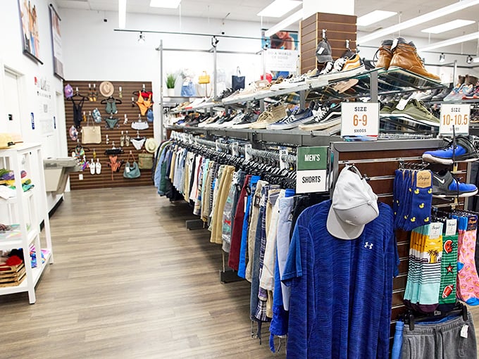 The men's section proves secondhand shopping isn't just for the ladies. These shirts and shorts are ready for their comeback tour.