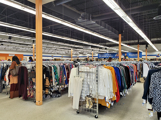 The clothing forest stretches as far as the eye can see, with shoppers navigating between racks like explorers in a jungle of fabric.
