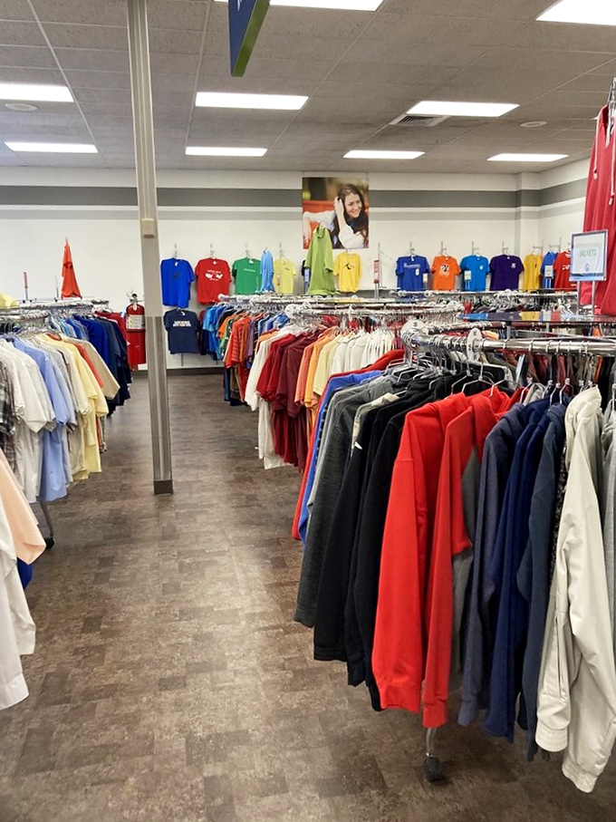 Color-coded clothing nirvana with shirts arranged in a spectrum that would make Marie Kondo weep with organizational joy.