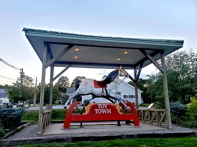 Winchendon's iconic rocking horse stands proudly under its pavilion, a whimsical reminder of the town's "Toy Town" heritage and playful spirit.