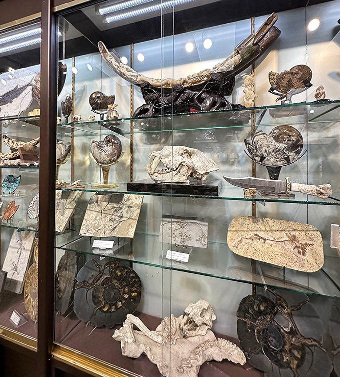 Prehistoric treasures behind glass—fossils that make your collection of concert ticket stubs seem considerably less impressive by comparison.