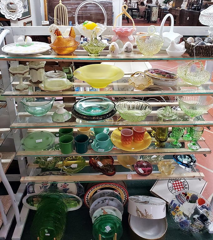 A rainbow of Depression glass that somehow manages to be anything but depressing. Each piece catching light like a stained-glass window for your dining table.