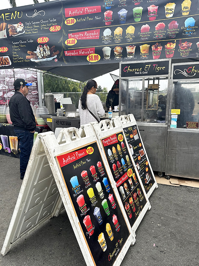 The Churros El Tigre stand offers a rainbow of frozen treats and churros that would make even the strictest dieter whisper, "Worth it."