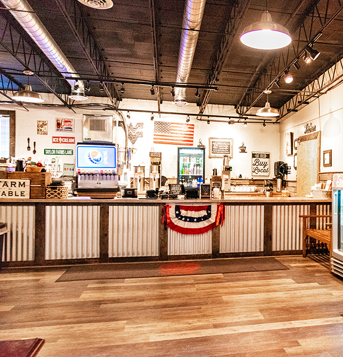 Americana perfected at the checkout counter, where corrugated metal meets wood in a patriotic display that makes paying for your haul almost as pleasant as shopping.