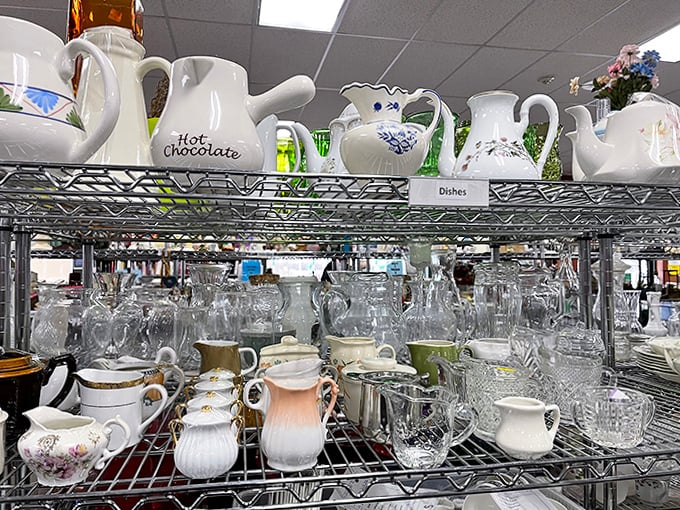 Creamer collectors, rejoice! This shelf holds enough pour-perfect vessels to serve coffee to an entire neighborhood.